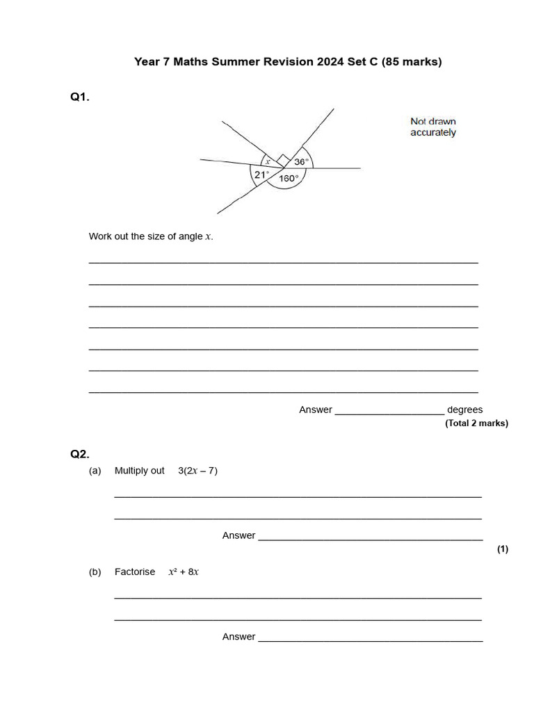 Year 7 Summer 2024 Revision Set C | PDF | Elementary Mathematics ...
