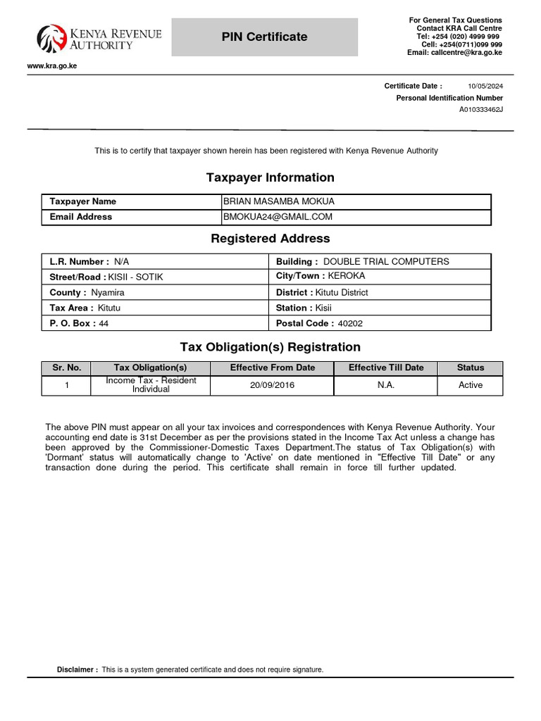 Brian Mokua KRA PIN | PDF | Taxes | Economies