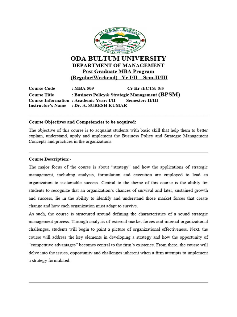 BPSM Course Out Line (Mba) | PDF | Strategic Management | Swot Analysis