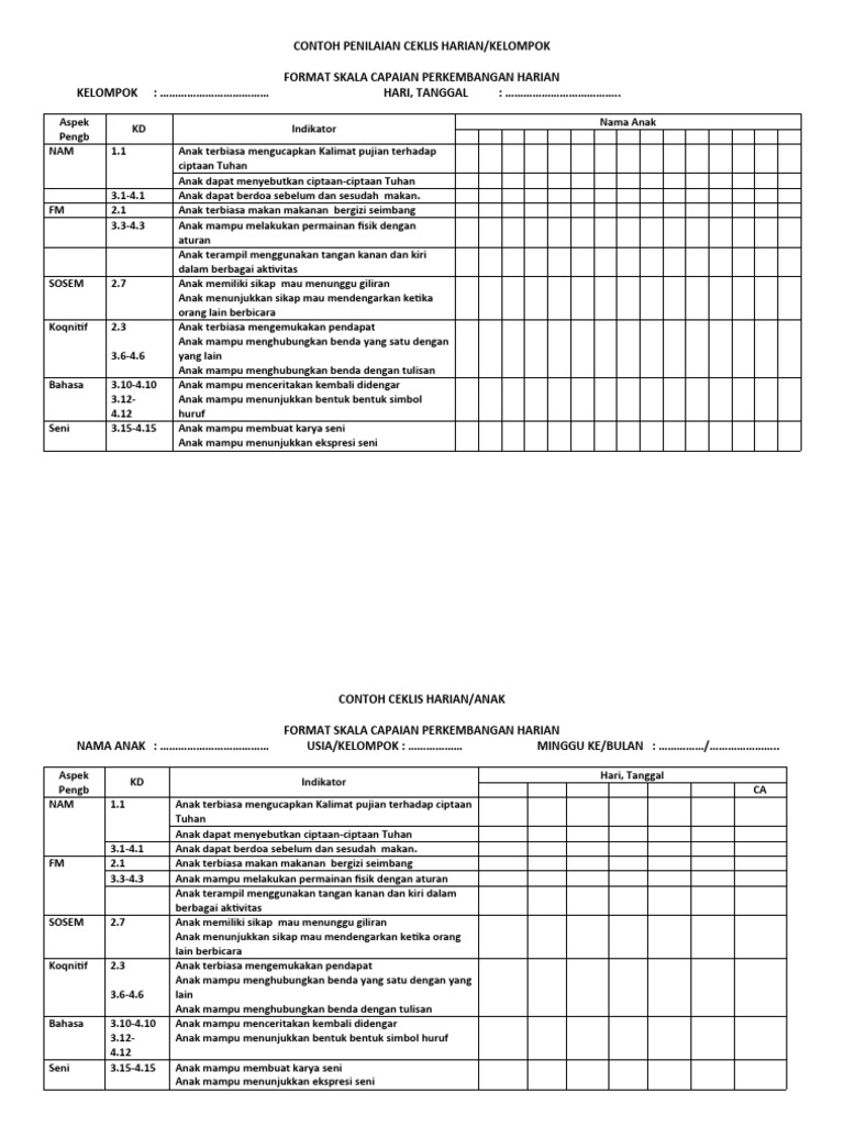 CONTOH PENILAIAN CEKLIS HARIAN | PDF