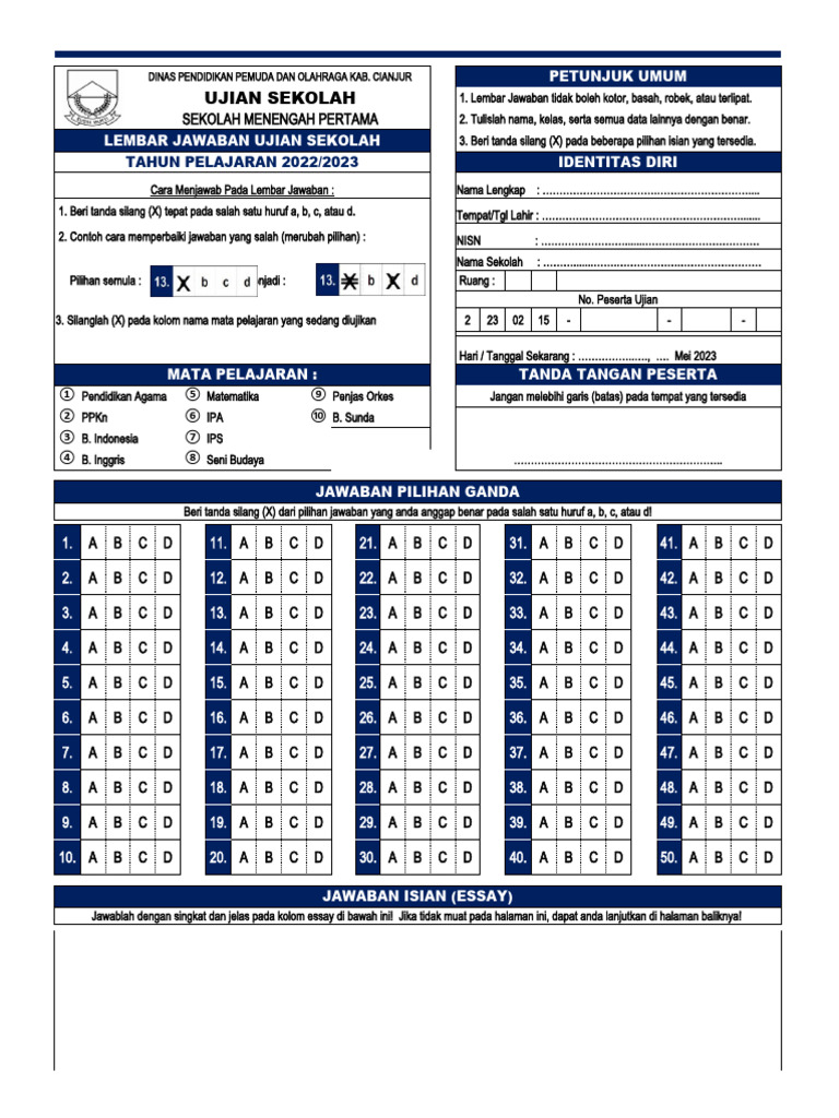 LJK Ujian Semester SMP | PDF