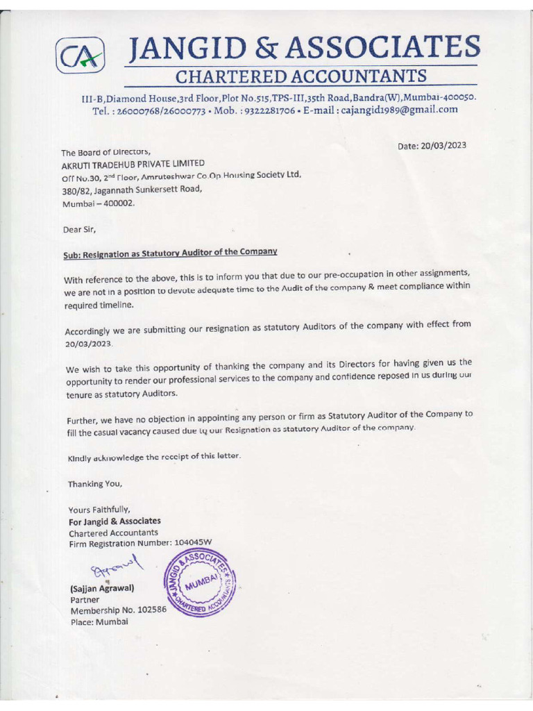 Auditor Resign Letter Akruti | PDF