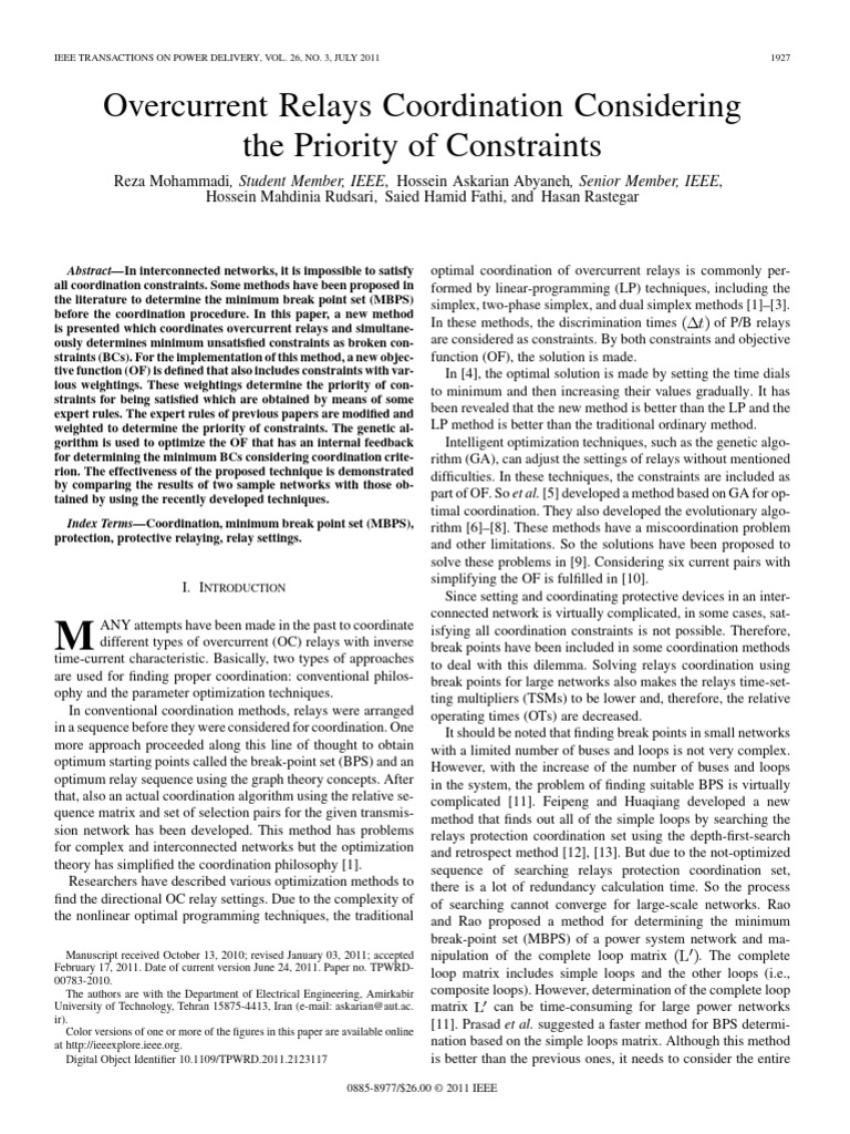 Overcurrent Relays Coordination Considering The Priority Of Constraints Pdf Mathematical