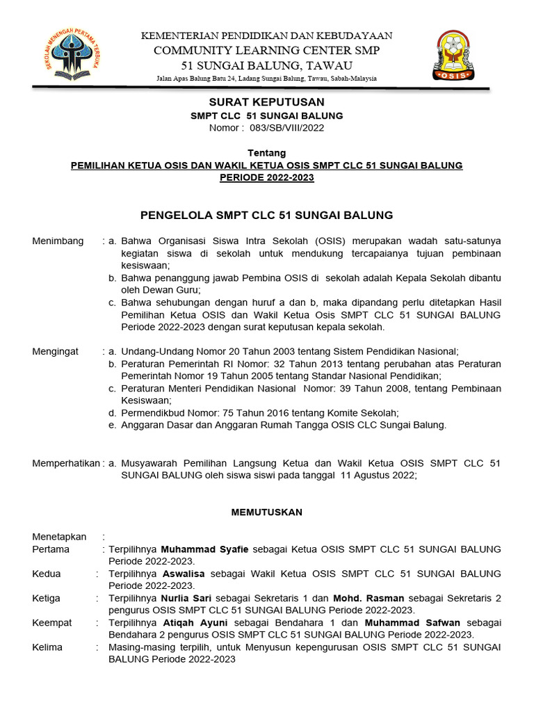 SK Pengurus Osis 2022 2023 | PDF