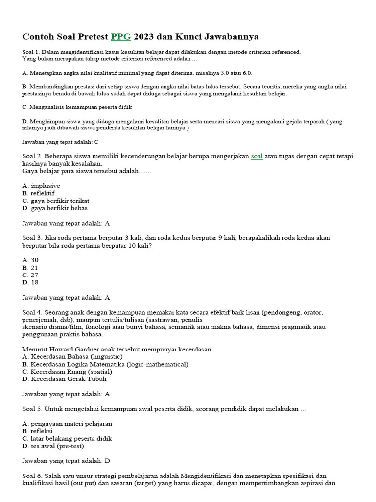 Contoh Soal Pretest PPG 2023 | PDF