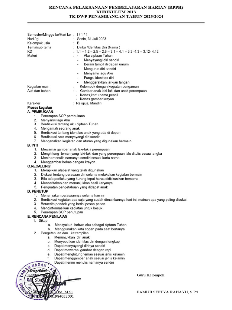 RPPH TK-B SMT1 Minggu - 01 - DIRIKU | PDF | Kesehatan Holistik
