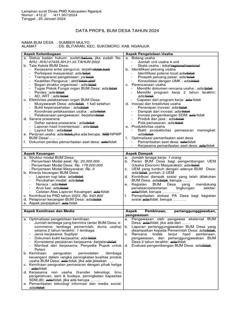 Profil BUM Desa Sumber Mulyo 2024 | PDF | Pengelolaan Keuangan & Uang