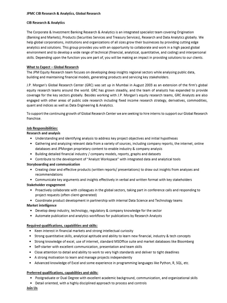 Project 3 - JPMC CIB Research & Analytics, Global Research | PDF | Analytics | Financial Analyst