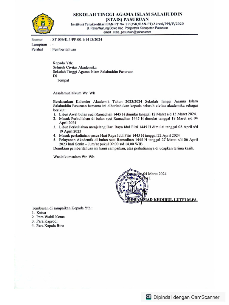 Surat Edaran Libur Awal Ramadhan STAIS | PDF