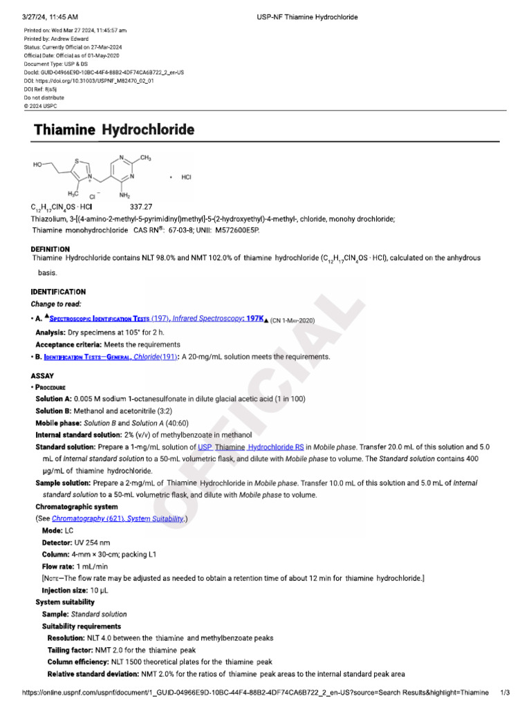Thiamine HCL USP | PDF