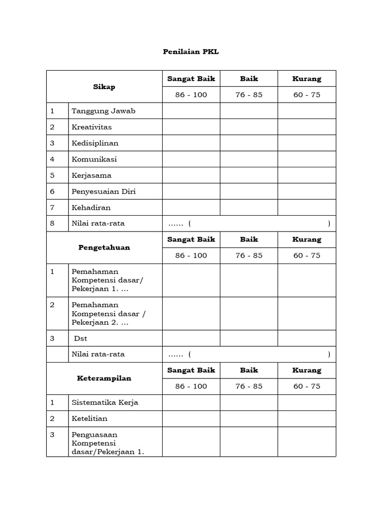 Format Penilaian PKL | PDF