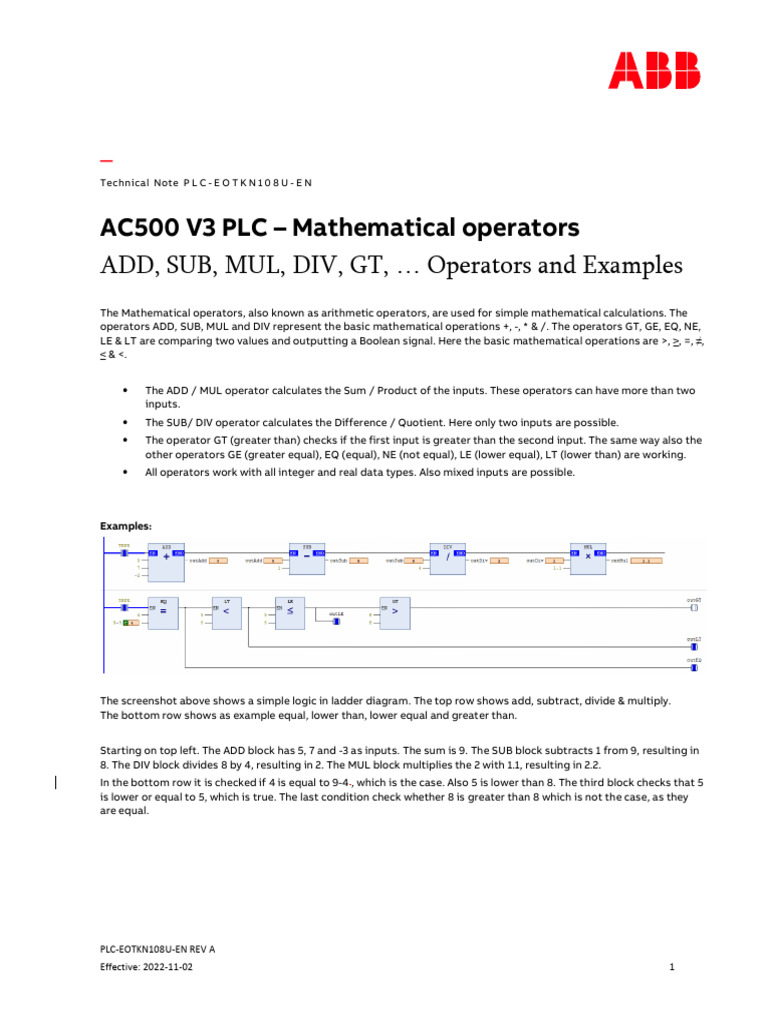 PLC-EOTKN108U-EN - AC500 V3 Mathematical Operators ADD, SUB, MUL, DIV, GT, LT | PDF ...