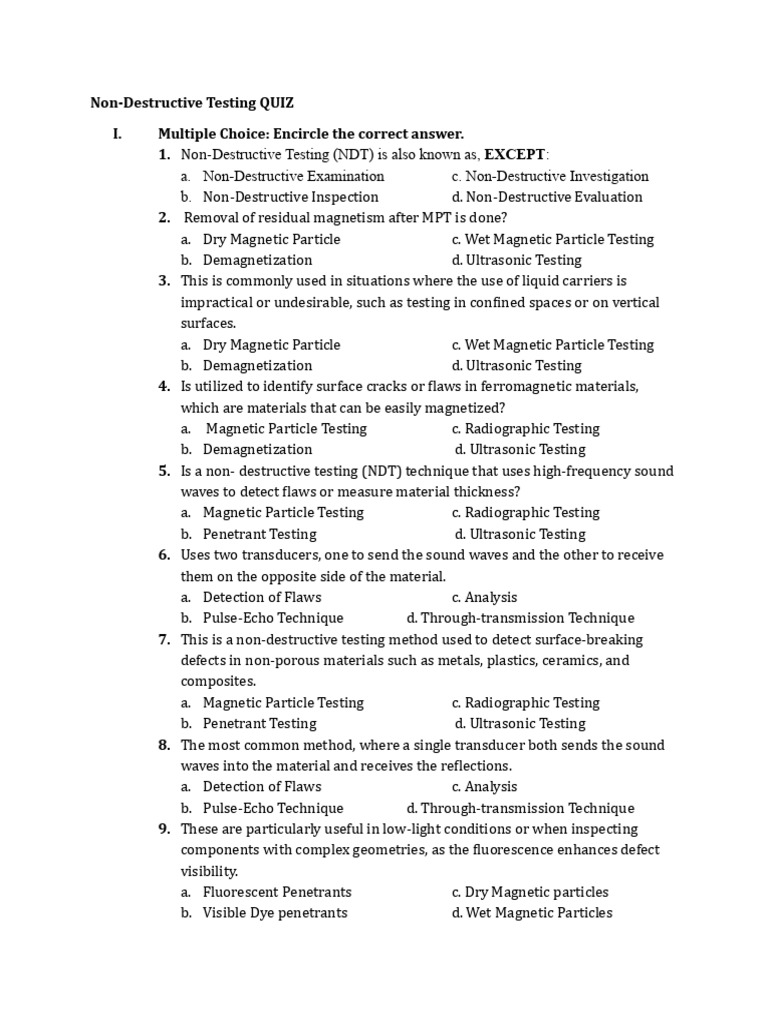 Non Destructive Testing Quiz | PDF | Nondestructive Testing | Radiography Non Destructive Testing Quiz | PDF | Nondestructive Testing | Radiography