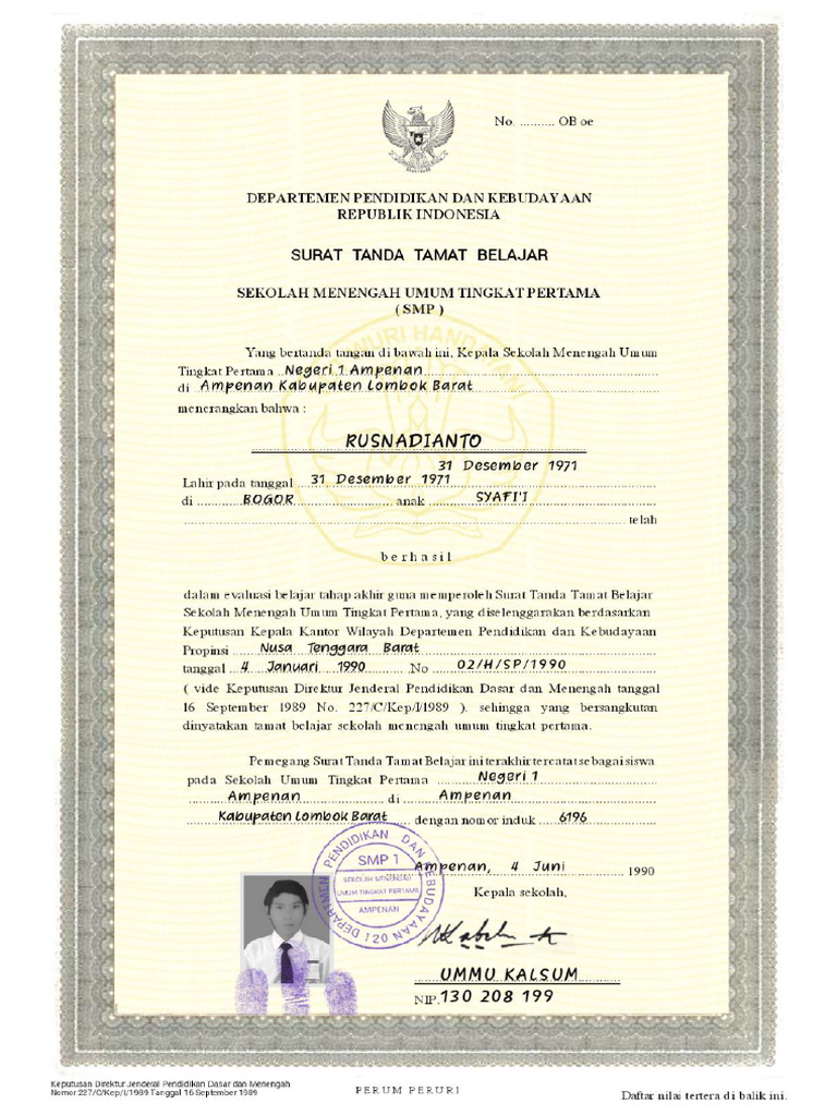 Ijazah SMP 1990 | PDF