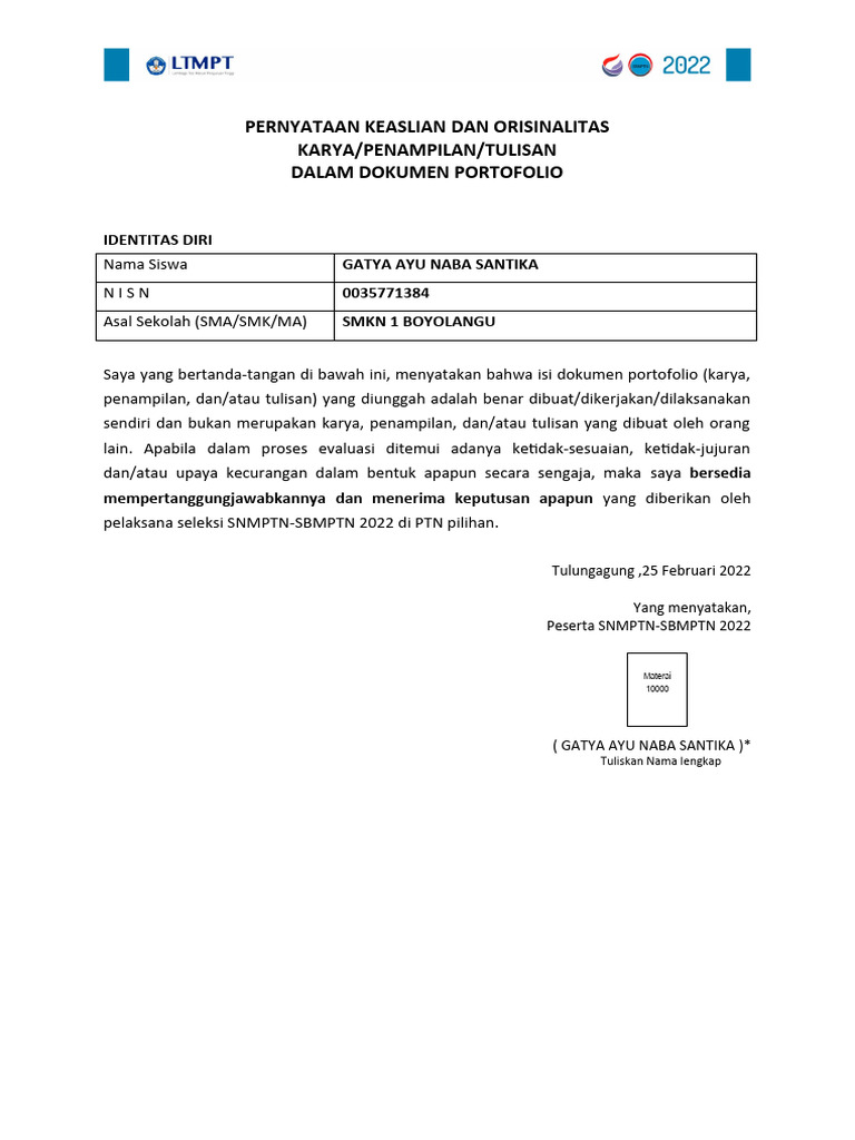 00 TEMPLAT PERNYATAAN PESERTA (PORTOFOLIO SRDSKR 2022) | PDF