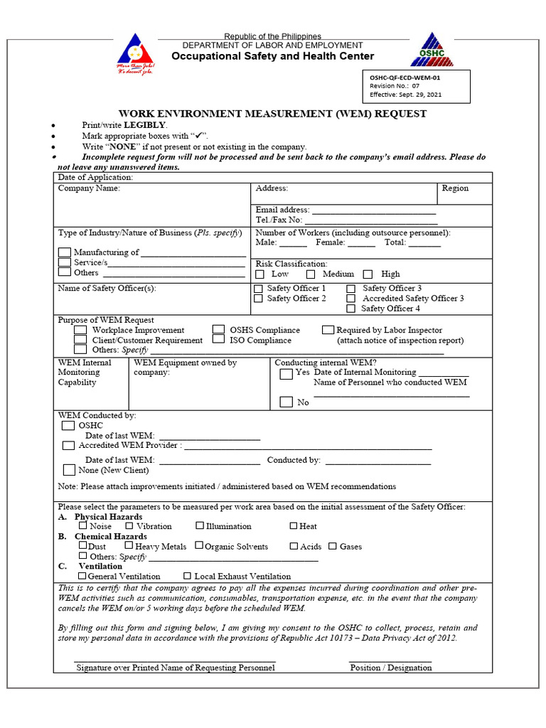 Work Environment Measurement WEM Request Form | PDF | Occupational ...