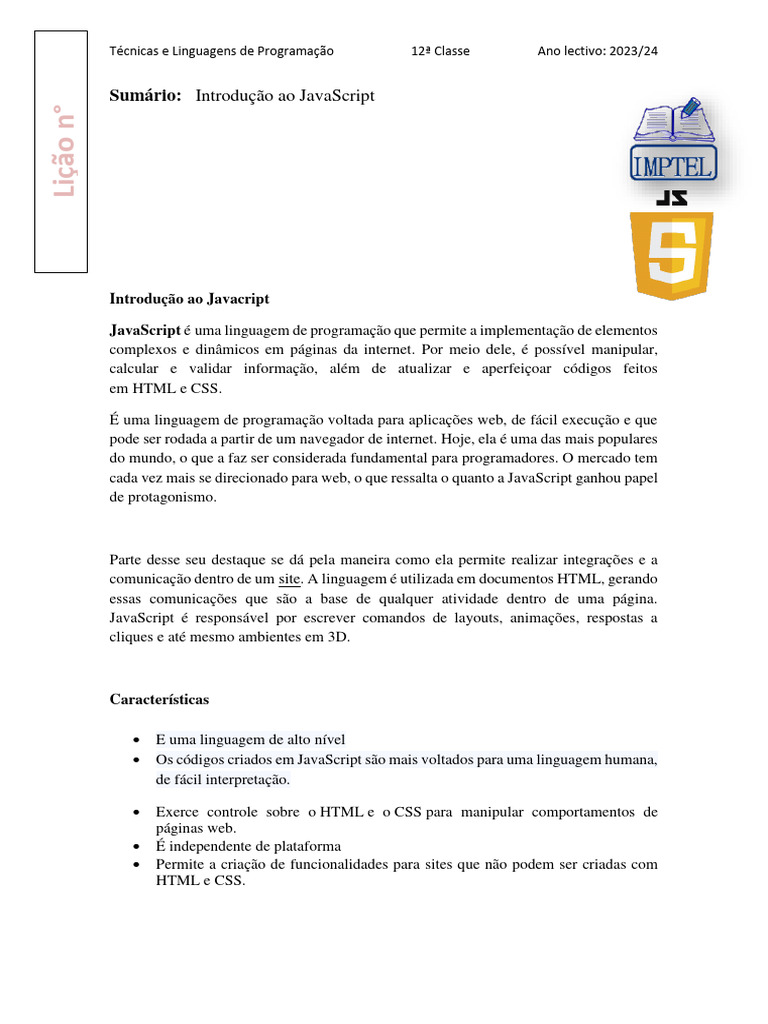 Introdução a javaScript | PDF | Script Java | Linguagem de programação