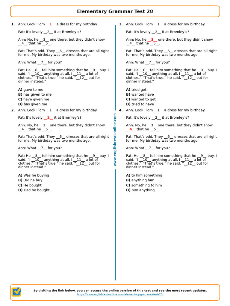 Elementary Grammar Test Answers | PDF