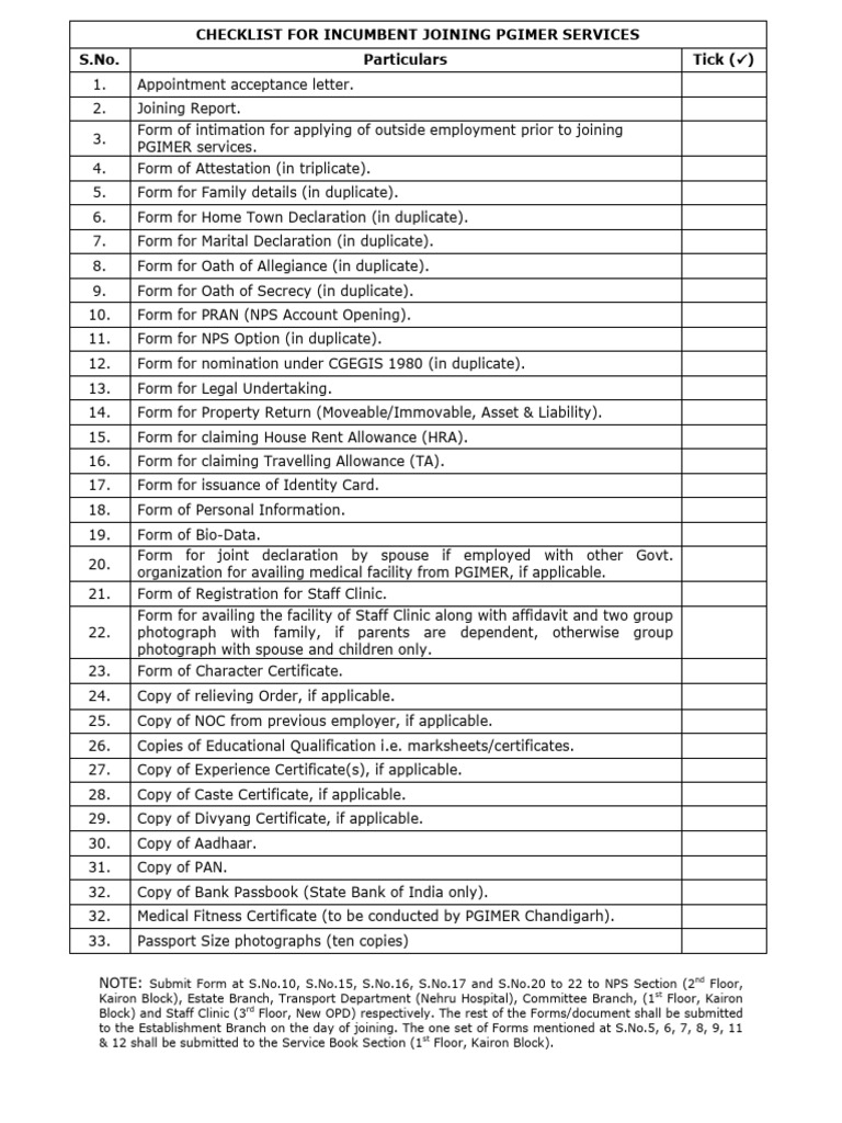 PGIMER Joining Checklist | PDF | Government | Civil Law (Common Law)