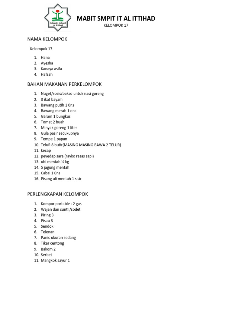 Daftar Belanja Kelompok 17 MABIT | PDF