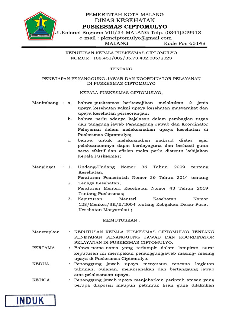 Revisi 74. SK Penetapan Penanggung Jawab Dan Koordinator Pelayanan | PDF