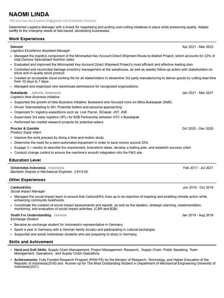 NAOMI LINDA-resume | PDF | Logistics | Business Economics