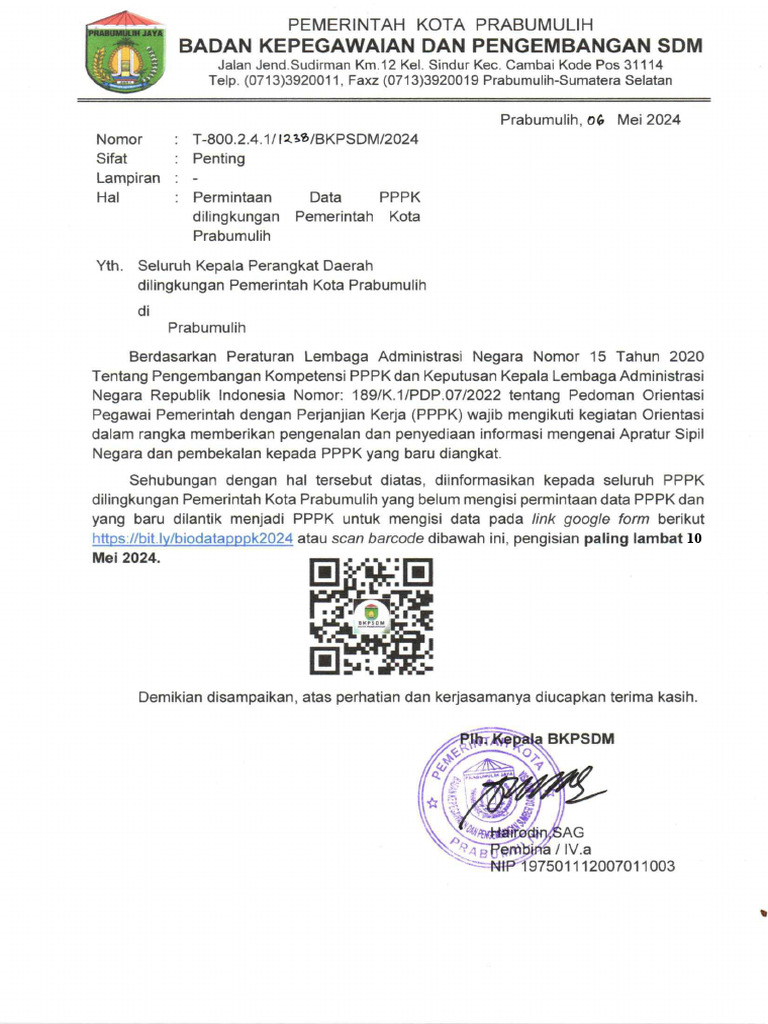 Surat Permintaan Data PPPK Kota Prabumulih Tahun 2024 | PDF