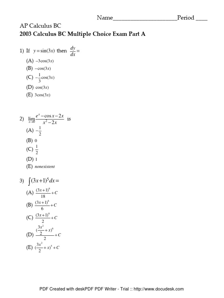 AP Calculus Test 2003 MCQ | PDF | Tangent | Mathematics