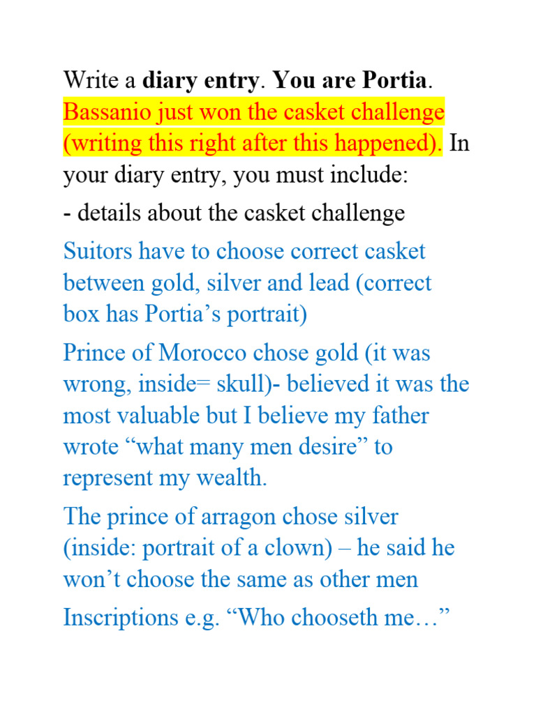 Portia's diary entry | PDF | The Merchant Of Venice