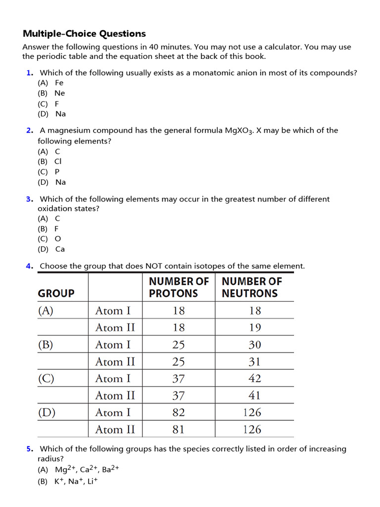 Chemistry Multiple-Choice Questions | PDF | Ion | Chemical Compounds