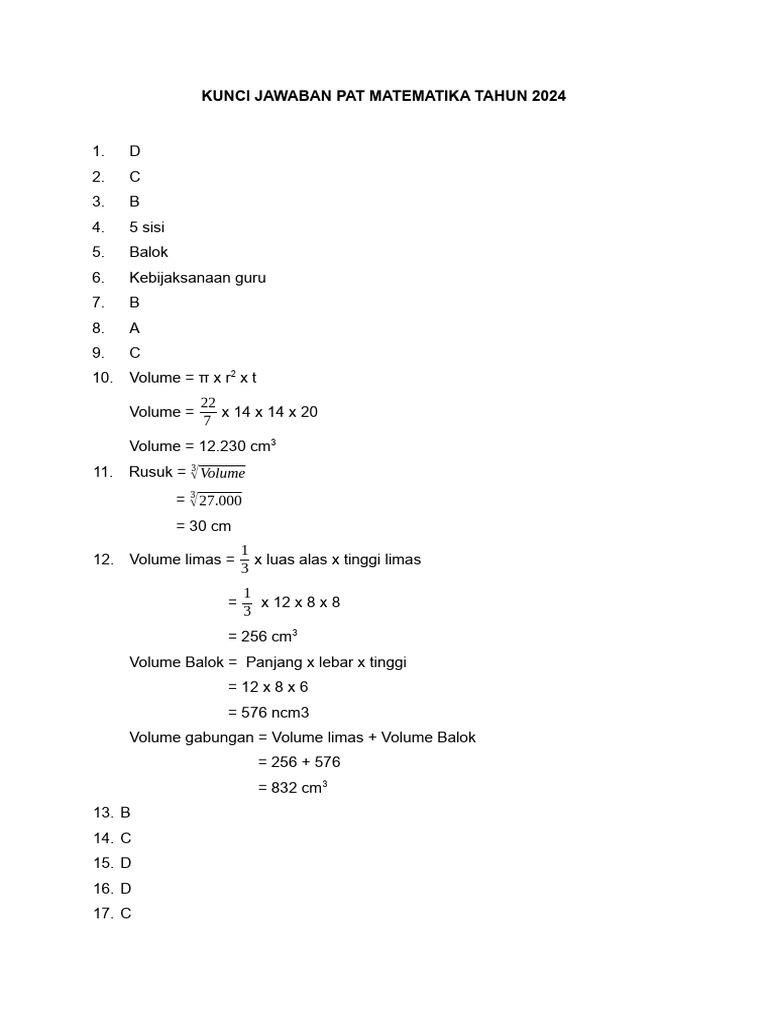 Kunci Jawaban Pat Matematika Tahun 2023-2024 | PDF