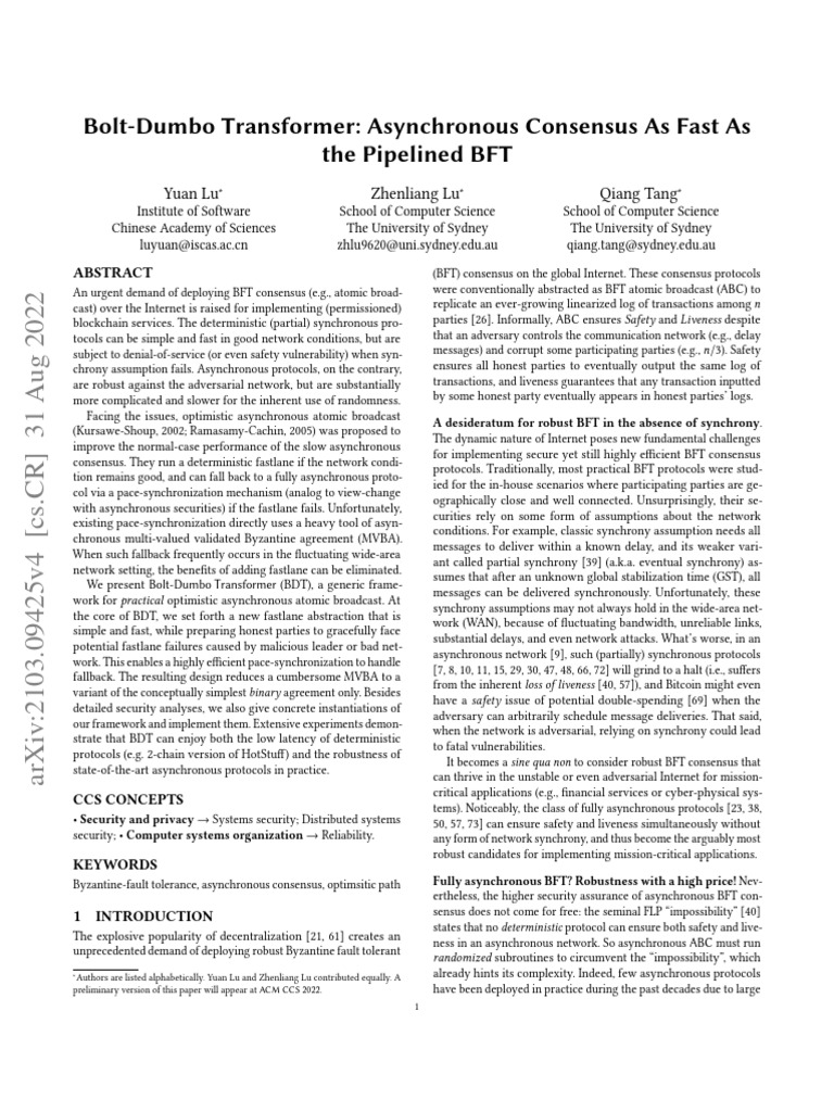 Bolt-Dumbo Transformer: Asynchronous Consensus As Fast As The Pipelined BFT | PDF | Computer ...