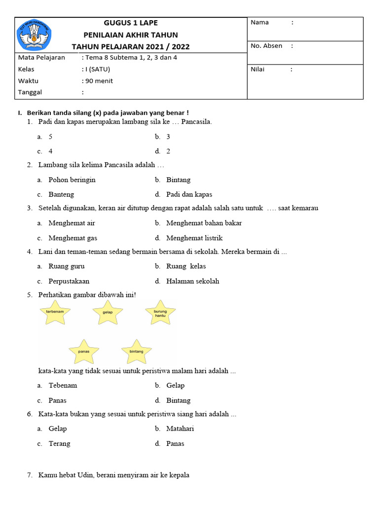 Penilaian akhir semester KELAS 1 TEMA 8 | PDF