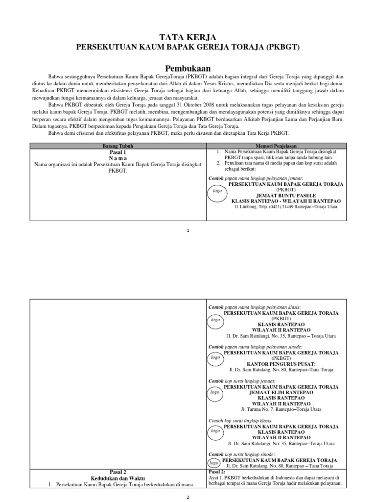 Tata Kerja PKBGT Gereja Toraja | PDF
