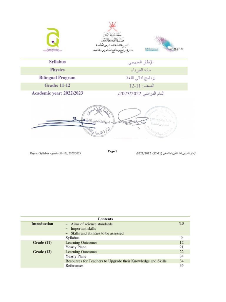 Grade 11-12 Physics Syllabus 2022/2023 | PDF | Force | Momentum