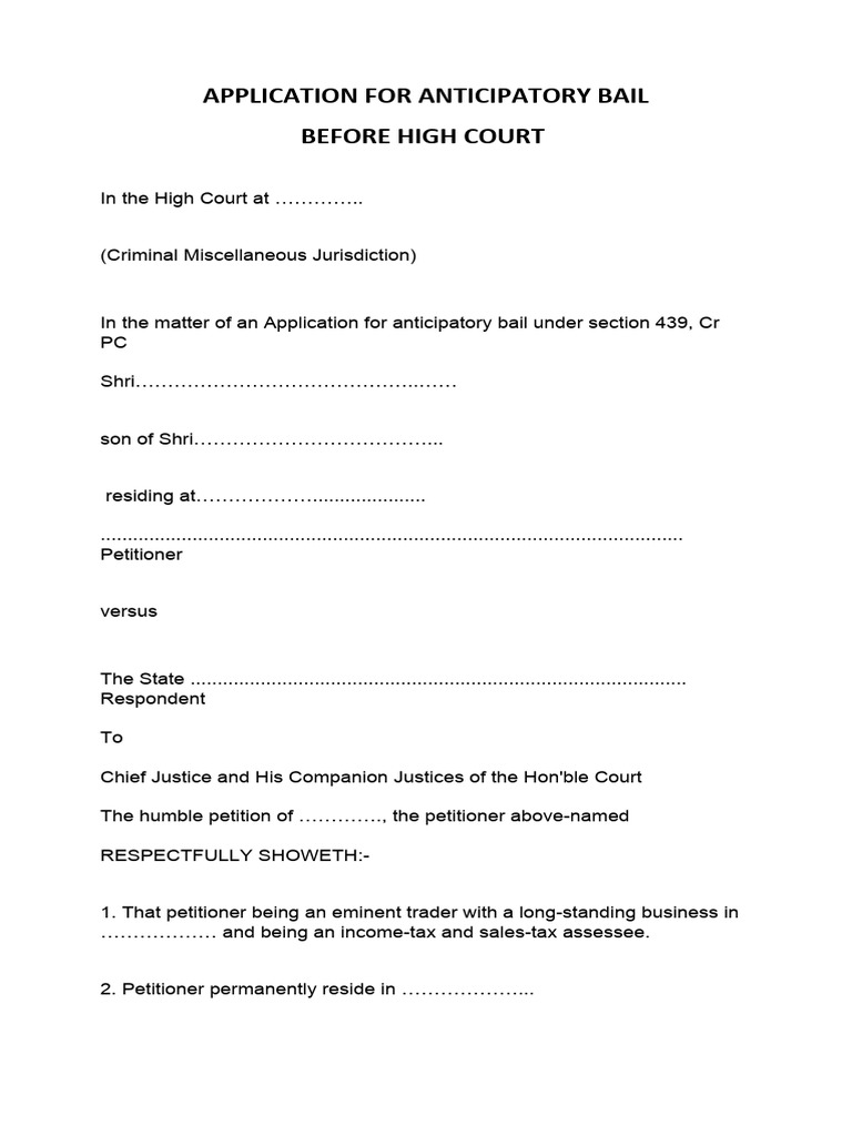 Application For Anticipatory Bail Before High Court | PDF | Bail ...
