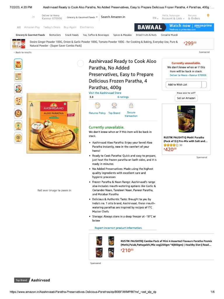 Aashirvaad Ready To Cook Aloo Paratha, No Added Preservatives, Easy To ...