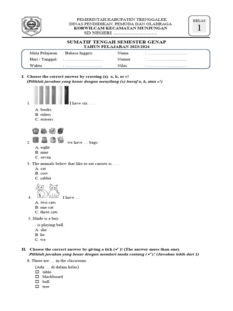Soal STS Bahasa Inggris Kelas 1 | PDF