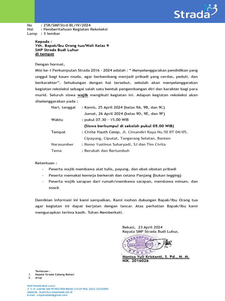 Kegiatan Rekoleksi SMP Strada Budi Luhur | PDF