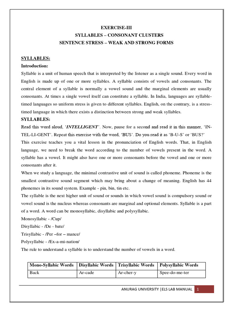 Els Lab Manual Exercise-Iii | PDF | Syllable | Stress (Linguistics)