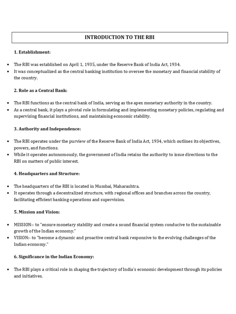 Introduction To The Rbi: 1. Establishment | PDF | Reserve Bank Of India ...