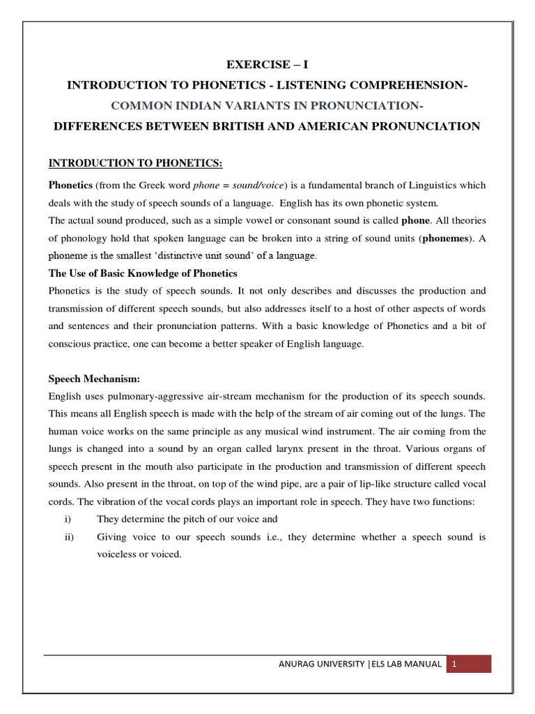 Els Lab Manual Exercise-I | PDF | Phonetics | Vowel