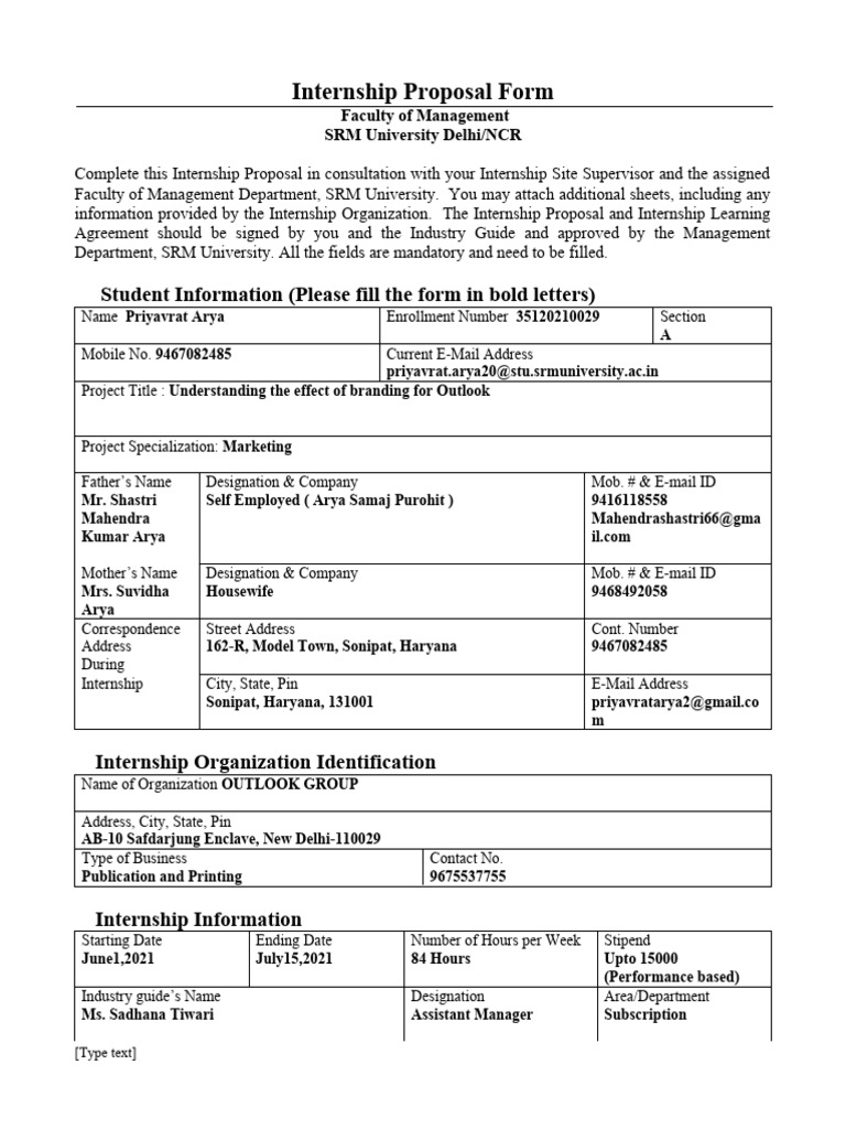 Internship Proposal & Learning Agreement SIP | PDF