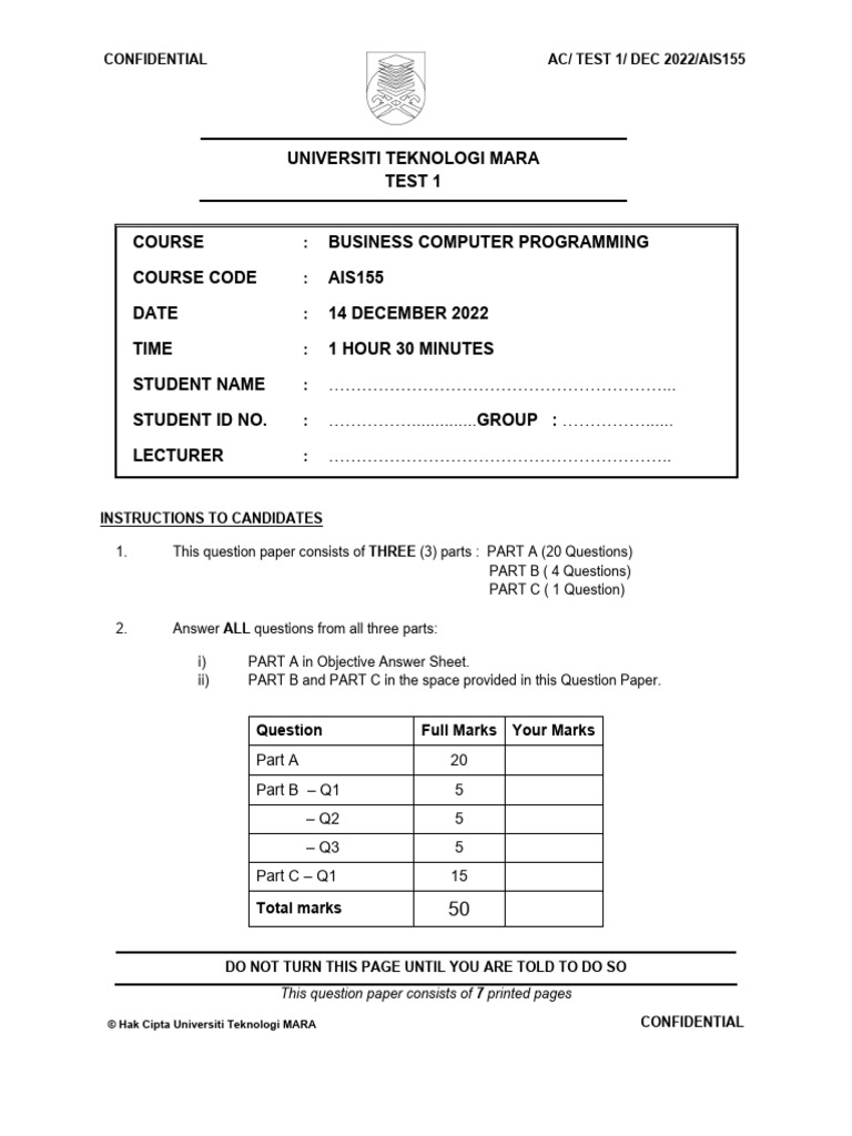 AIS155 TEST1 Dec 22 - Q | PDF | Depreciation | Computer Programming