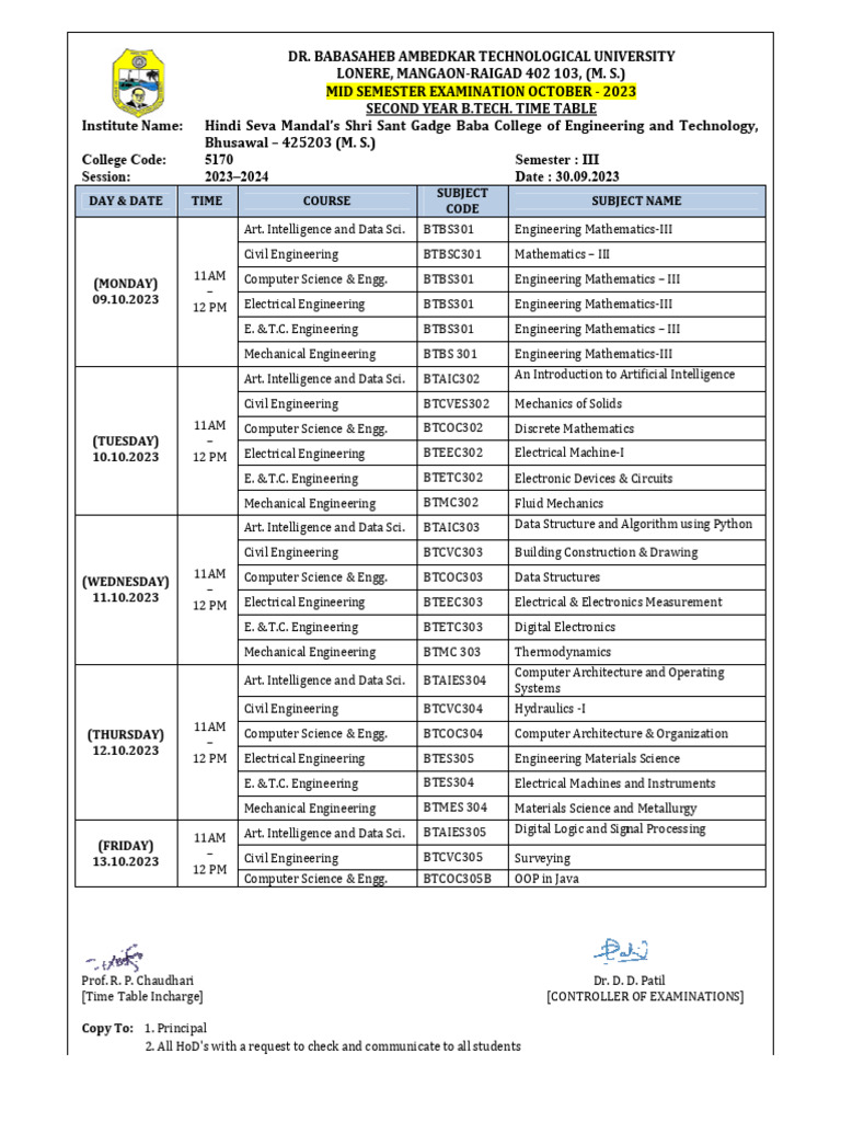 Mid-Sem-TT - ST, TY and Final Year - OCT-2023 | PDF | Engineering ...