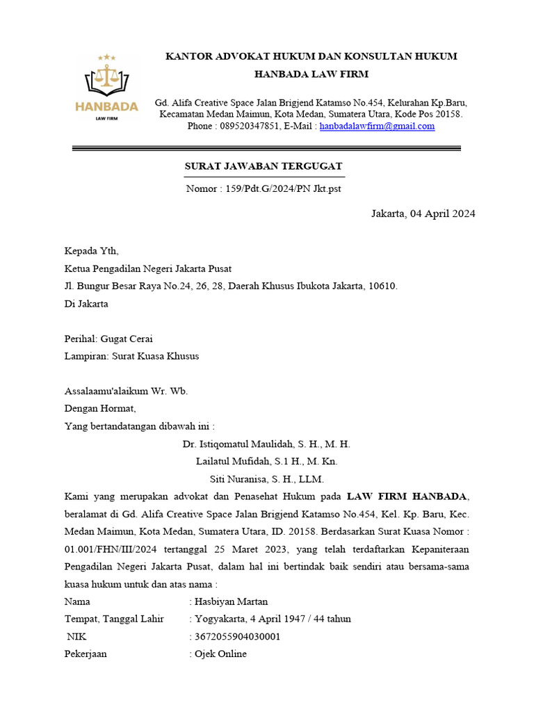 Surat Jawaban Gugatan Kelompok Perdata | PDF