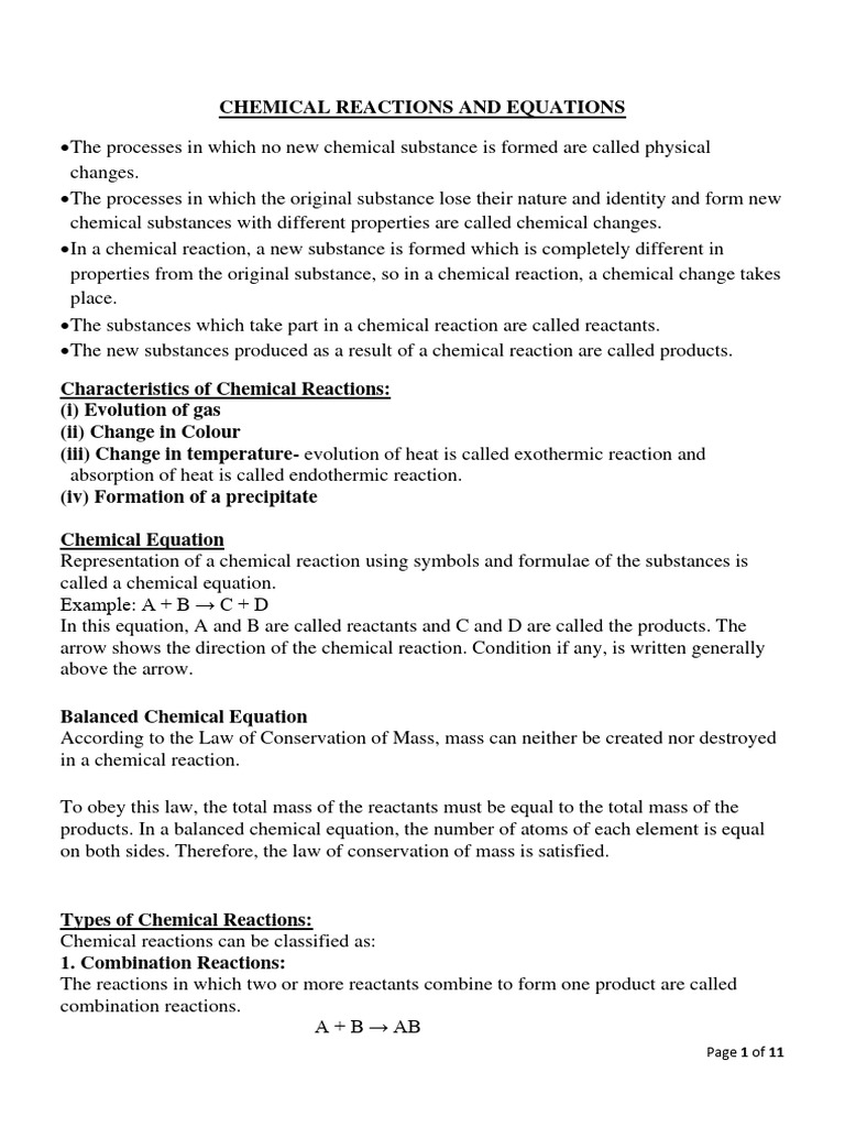 CHEMICAL REACTIONS AND EQUATIONS Notes 1710928665 | PDF | Chemical ...