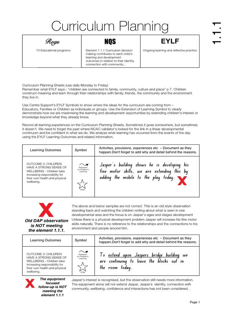 EYLF Curriculum Planning Guide | PDF | Learning | Reflective Practice