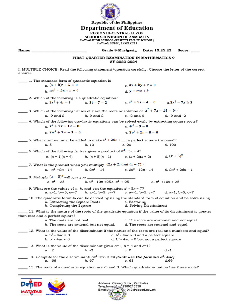 Math9 Q1.23 | PDF | Quadratic Equation | Area
