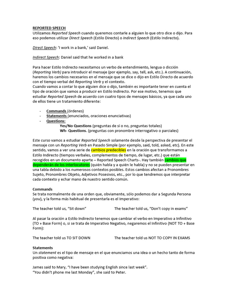 Reported Speech para 3º ESO | PDF | Verbo | Objeto (gramática)